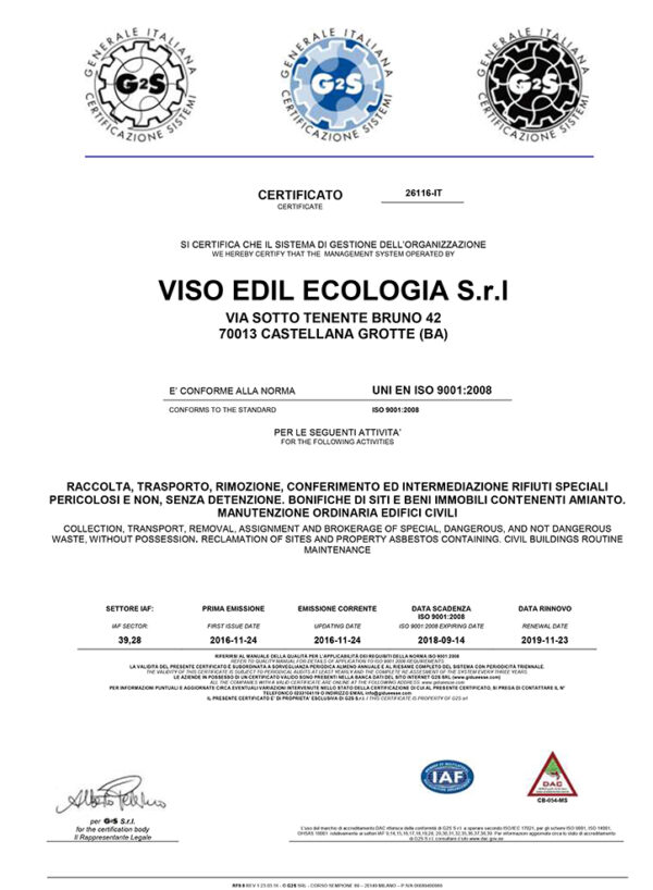 CERTIFICATO DI CONFORMITA’ - Viso Amianto